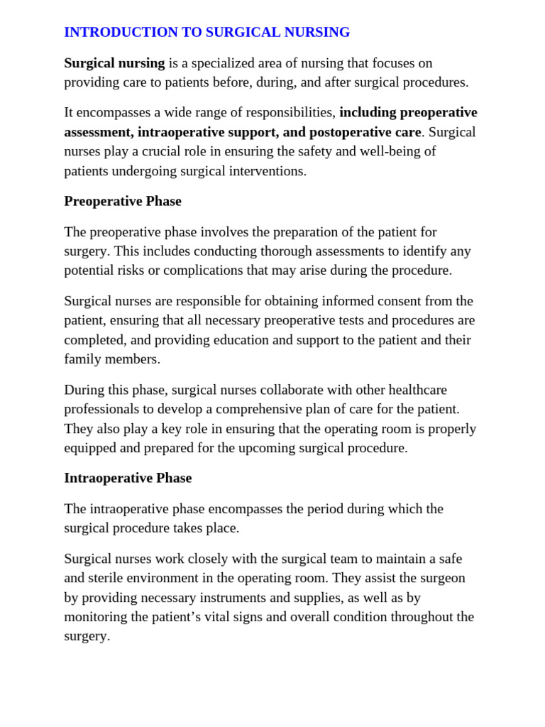 Overview of Surgical Nursing Care | PDF | Surgery | Perioperative