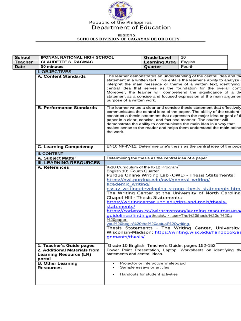 EN10INF-IV-11 Determine One's Thesis As The Central Idea of The paper ...