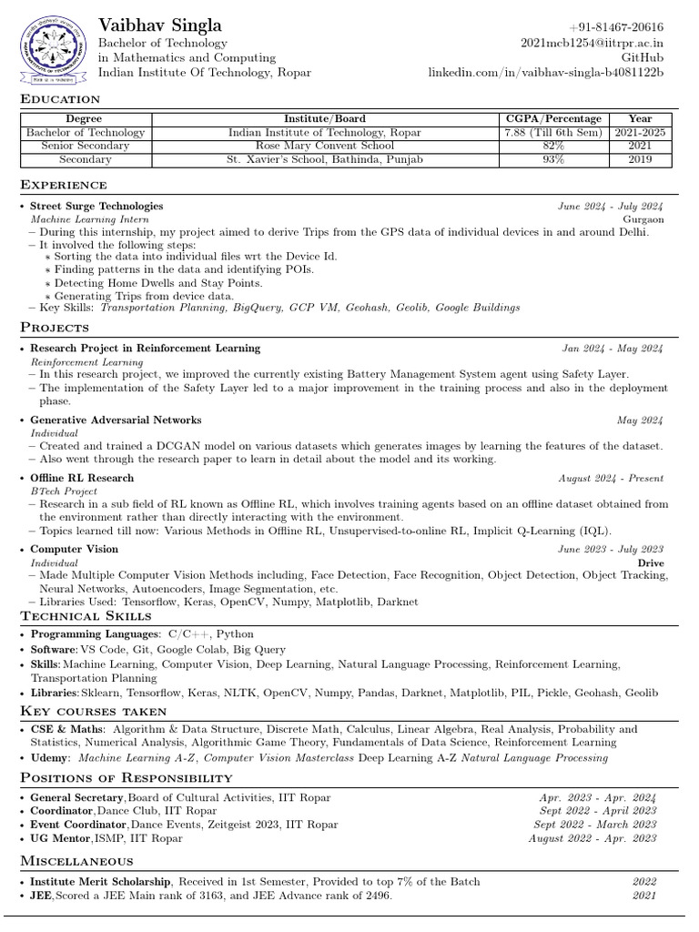 Resume_Vaibhav_Singla | PDF | Computer Vision | Machine Learning