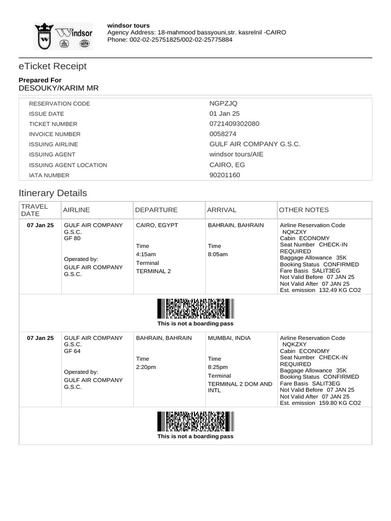 Electronic Ticket Receipt, January 07 For MR KARIM DESOUKY | PDF ...