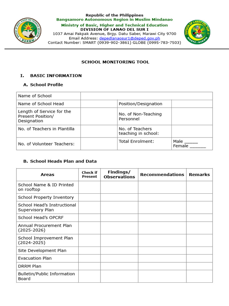 School Monitoring Tool Template 2025 | PDF | Schools
