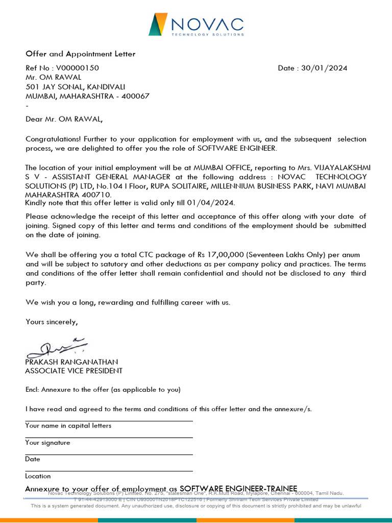 Novac Technology Solutions Offer Letter | PDF | Insurance | Employment