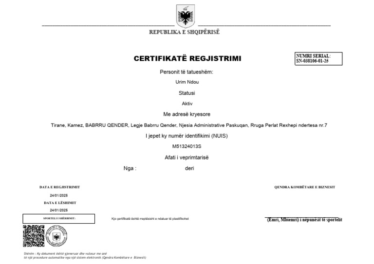Certifikate Regjistrimi 20250124 | PDF