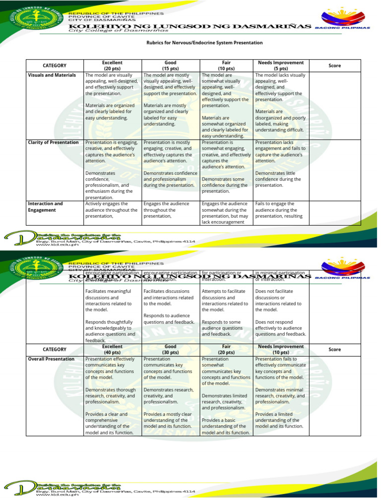 Rubrics for Nervousendocrine System Model | PDF | Creativity | Cognition