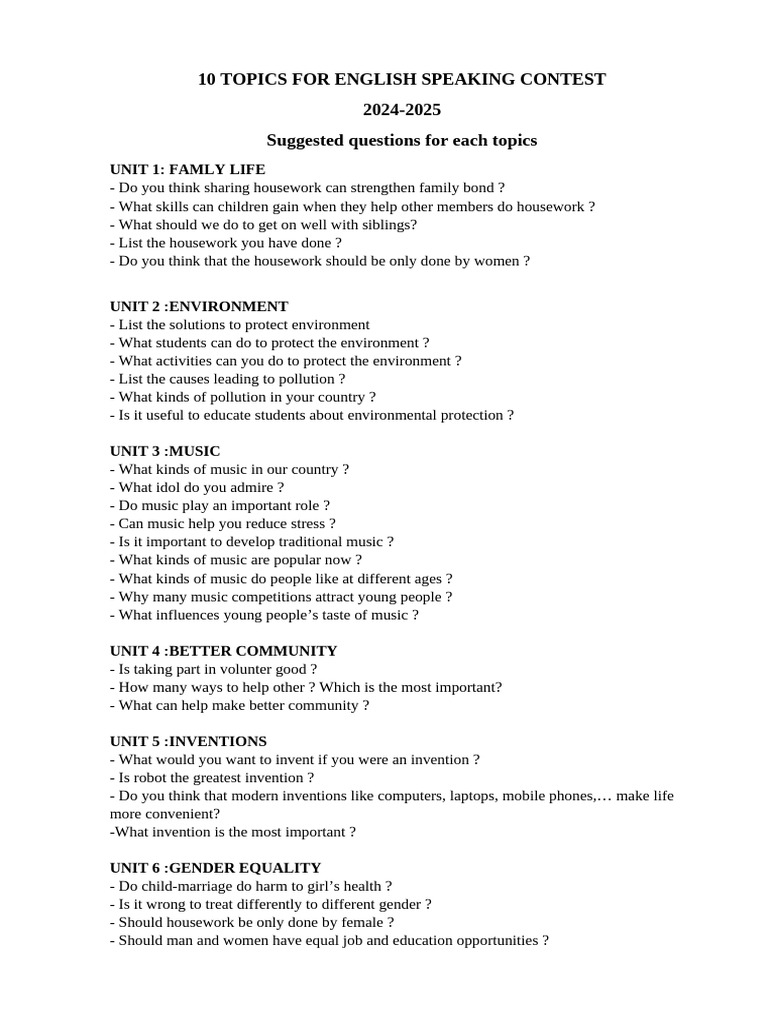 English Speaking Contest Topics 2024 | PDF