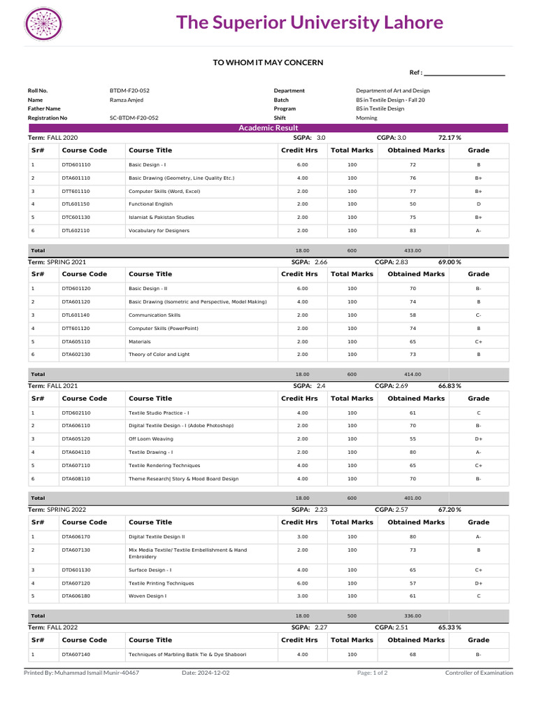 Student Result Card For All Term | PDF | Textiles | Weaving
