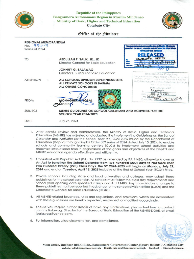 RM 496 B Mbhte Guidelines On School Calendar and Activities For | PDF