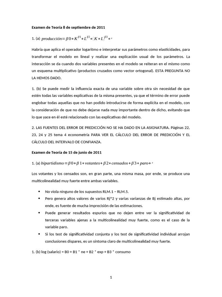 Examenes Teóricos de Econometría | PDF | Econometría | Multicolinealidad