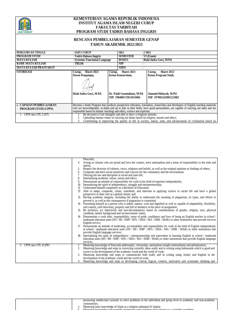 RPS Systemic Functional Language - GENAP 2022-2023 | PDF | Knowledge | Learning