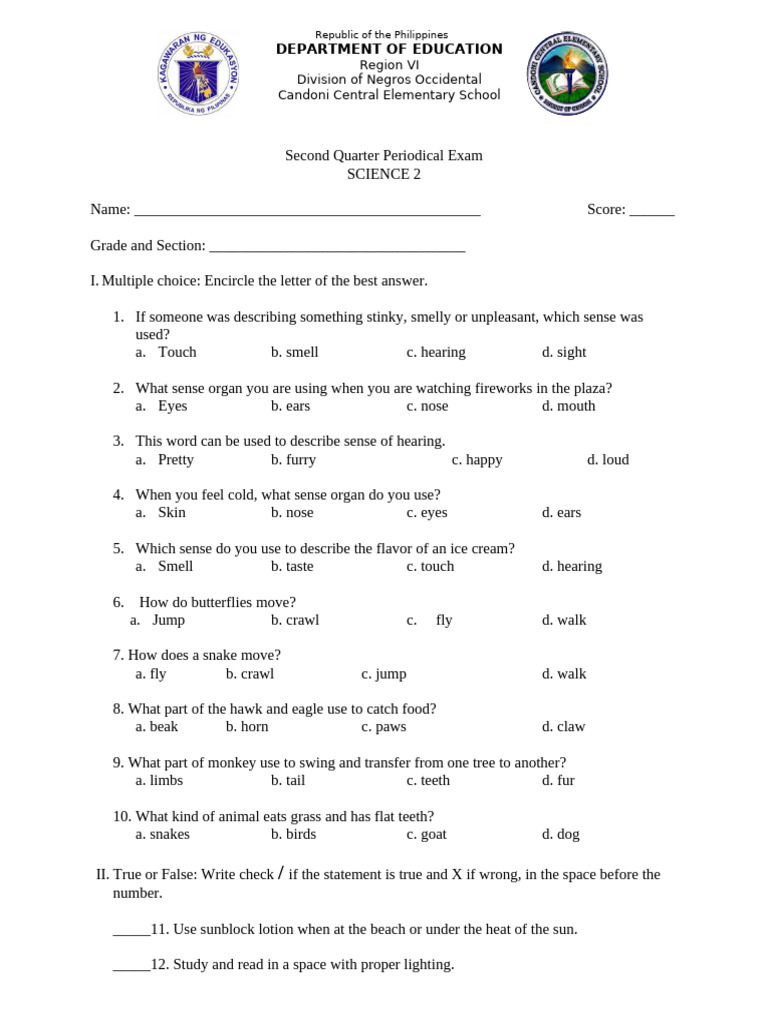 Science 2 Second Quarter Exam | PDF | Plants | Senses