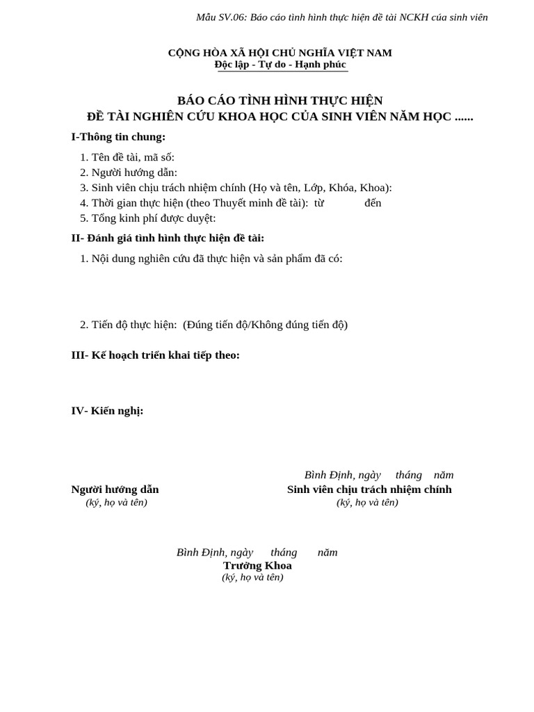 Mau SV.06 Báo cáo tình hình thực hiện đề tài NCKH cúa sinh viên | PDF