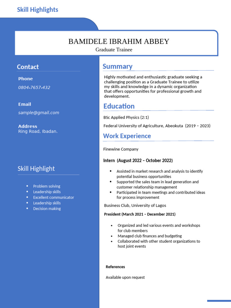 Graduate Trainee CV General | PDF