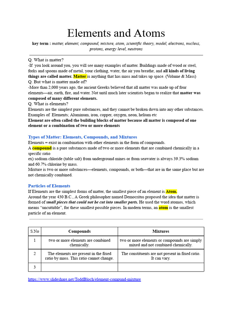 Elements and Atoms | PDF | Chemical Elements | Matter