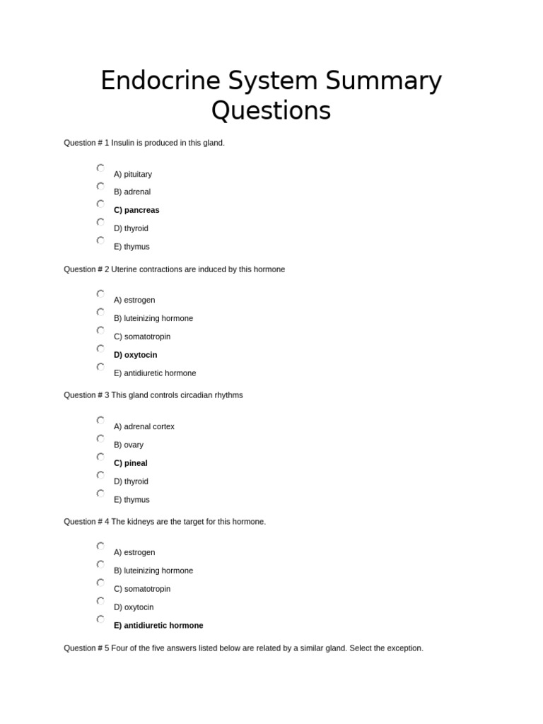 Endocrine System Summary Questions | PDF | Adrenal Gland | Endocrine System