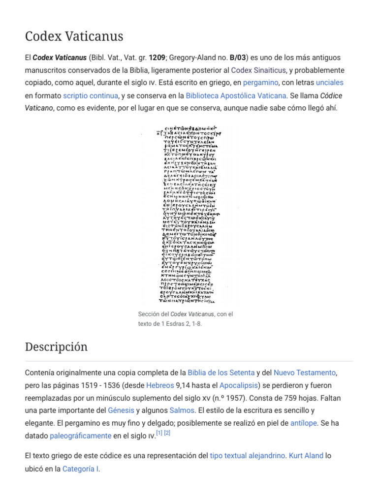 Codex Vaticanus - Wikipedia, la enciclopedia libre | PDF | Hermenéutica | Bibliografía