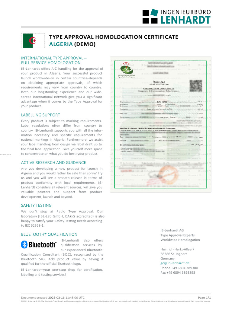 Radio Type Approval Certificate Algeria | PDF