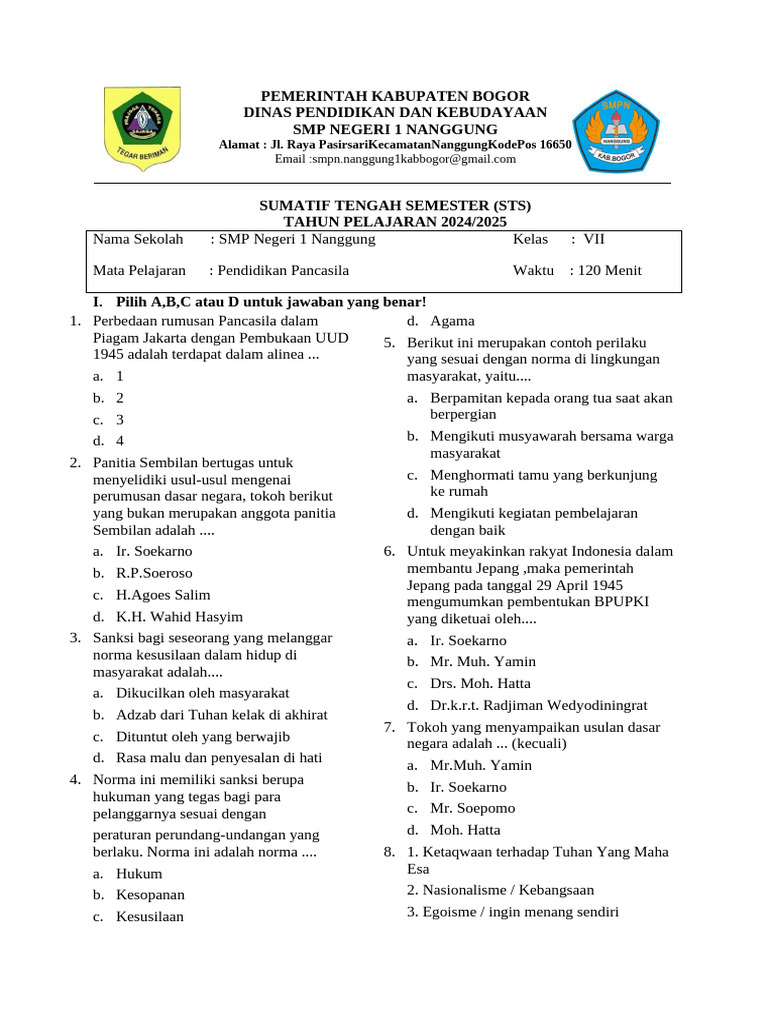 Soal PPKN Kls 7 STS Ganjil 2024-2025 | PDF