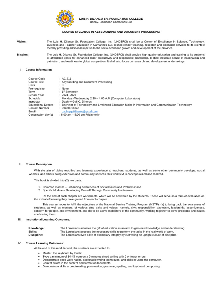 Keyboarding & Document Processing Syllabus | PDF | Microsoft Excel