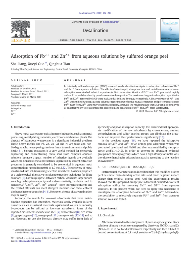 Adsorption of Pb2 and Zn2 From Aqueous Solutions by Sulfure - 2011 - Desalinat | PDF ...