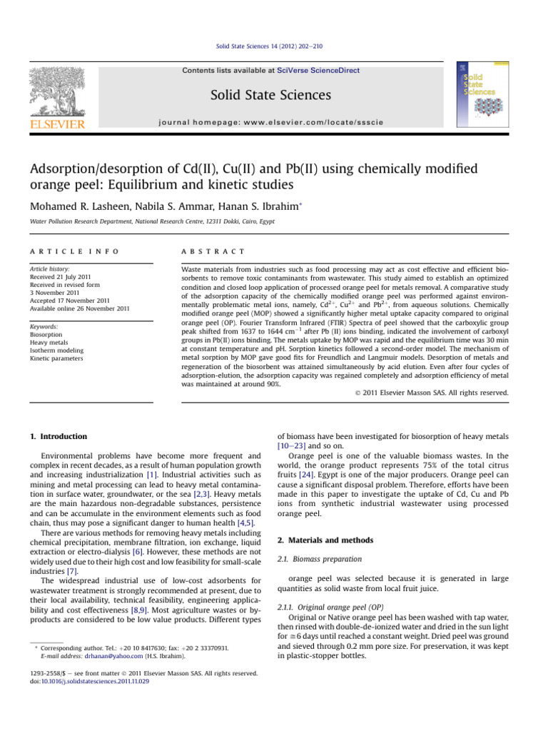 Adsorption Desorption of CD II - Cu II and PB II Using Chem - 2012 - Solid Sta | PDF ...