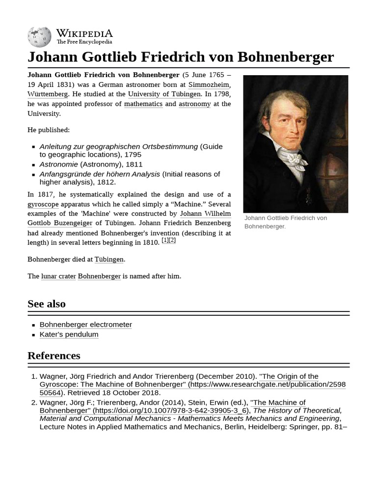 Johann Gottlieb Friedrich Von Bohnenberger | PDF