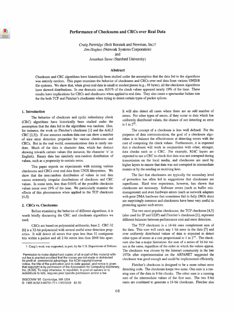 Performance of Checksums and CRCS Over Real Data | PDF | Transmission Control Protocol | Network ...