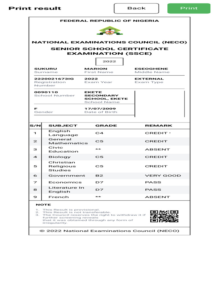 NECO Results Portal | PDF