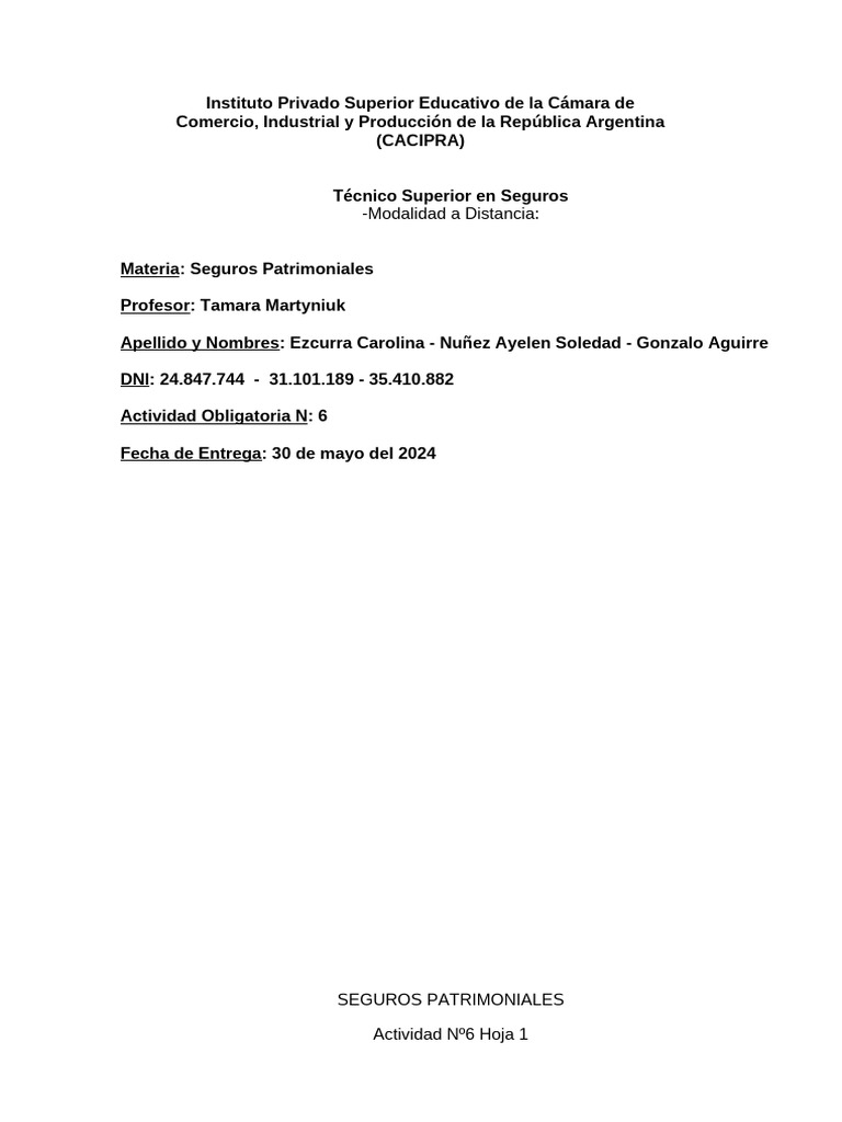 Act. Seguros Patrimoniales N°6 | PDF | Seguro | Reaseguro