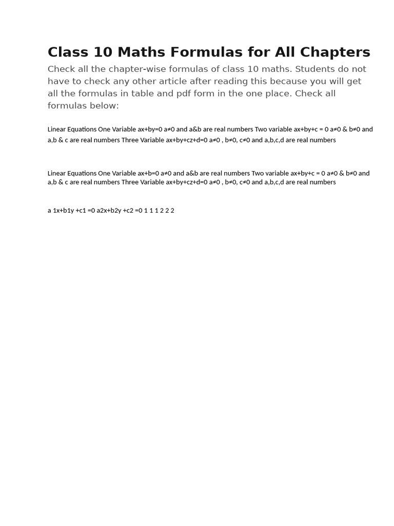 Class 10 Maths Formulas Guide | PDF | Trigonometric Functions ...