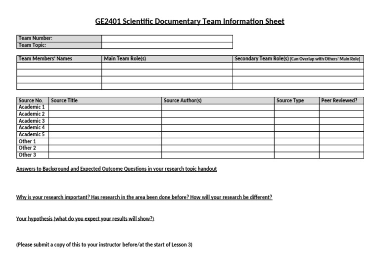 GE2401 Scientific Documentary Team Information Sheet | PDF