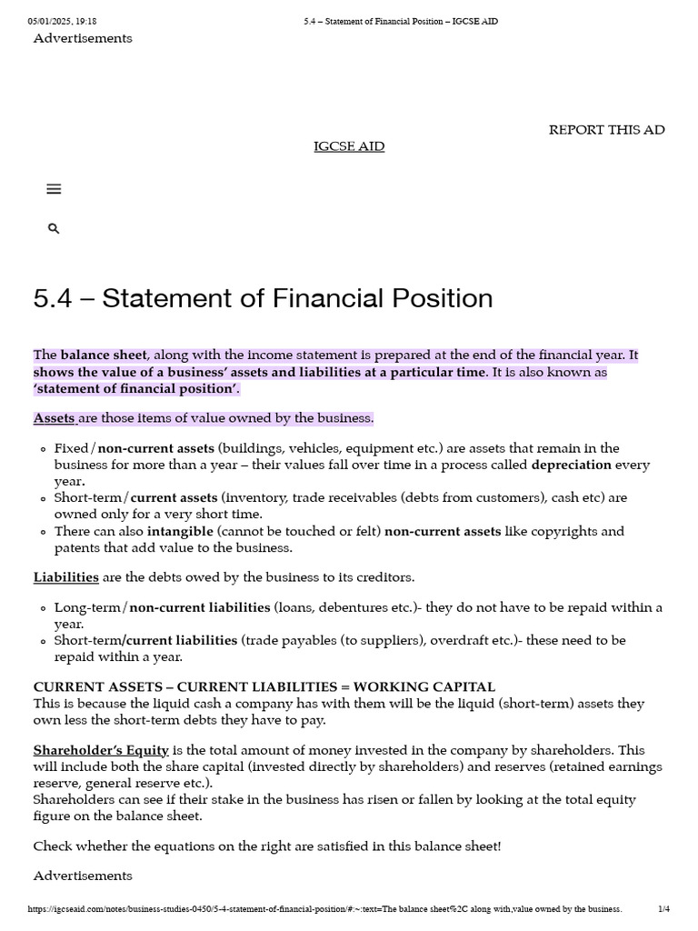 5.4 - Statement of Financial Position - IGCSE AID | PDF | Equity ...