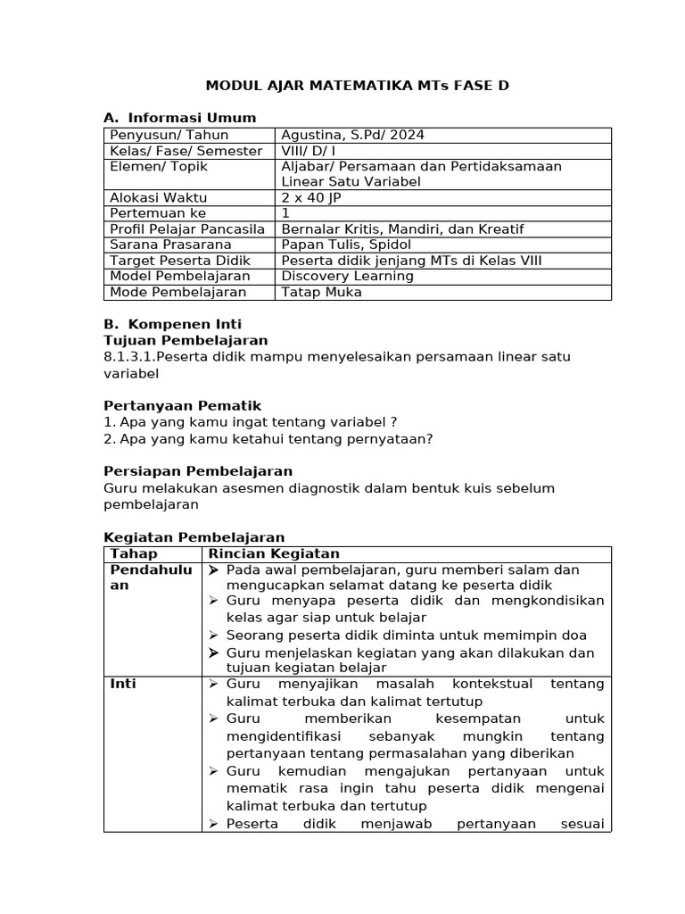 Modul Ajar SPLDV | PDF