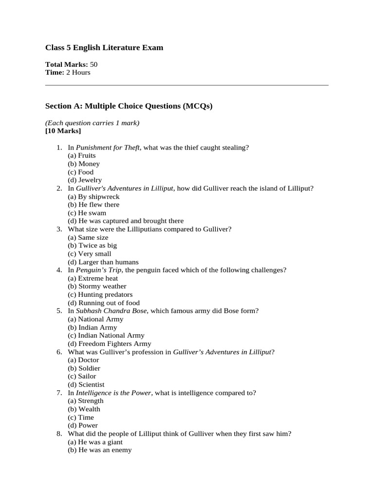 Class 5 English Literature Exam | PDF | Theft