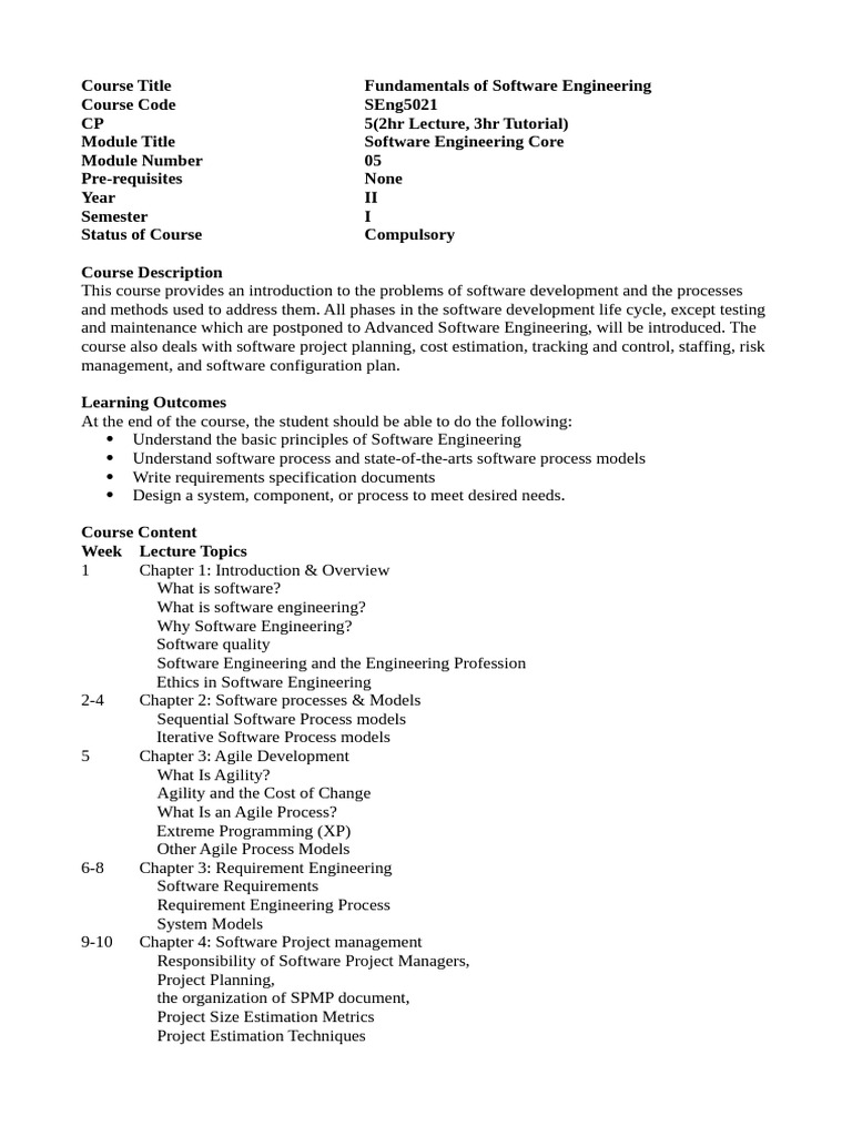 Fundamentals of Software Engineering Course Outline | PDF | Software ...