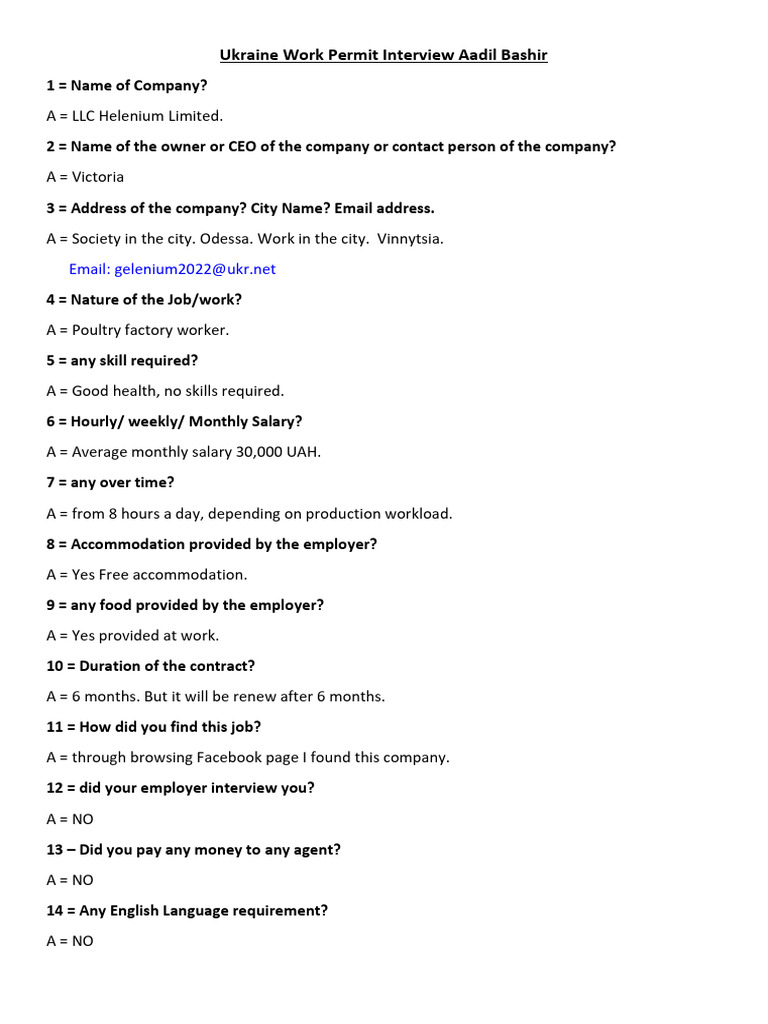 Ukraine Work Permit Interview Aadil Bashir | PDF