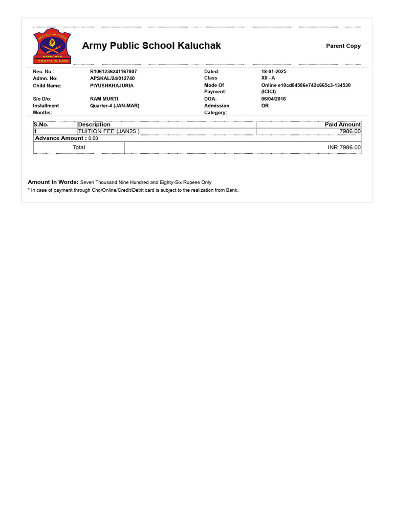 Fees Slip Piyush Khajuria | PDF