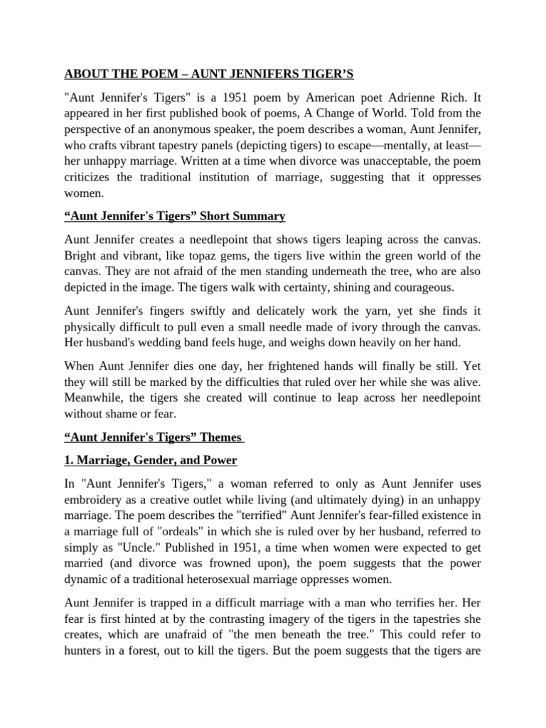 Themes and Symbolism in Aunt Jennifer's Tigers | PDF | Marriage | Rhyme