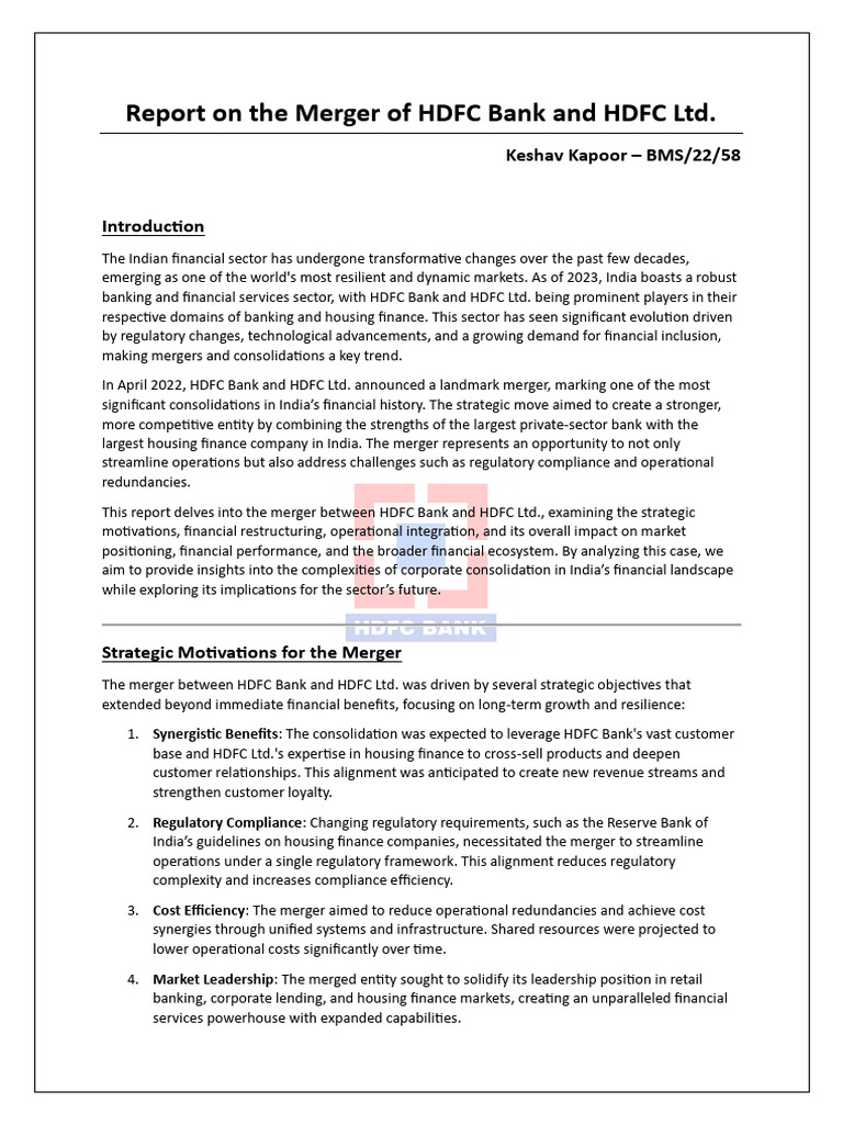 HDFC Report | PDF | Mergers And Acquisitions | Banks