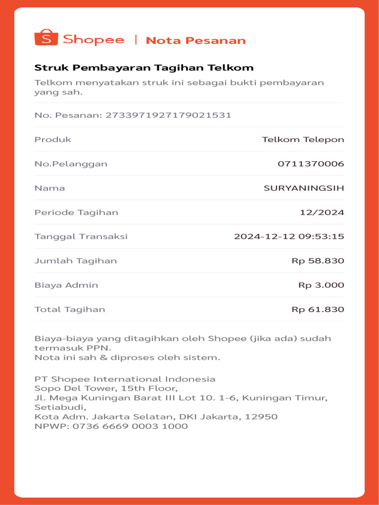 Nota Pesanan: Struk Pembayaran Tagihan Telkom | PDF