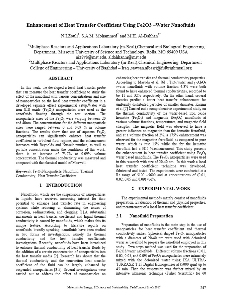 Enhancement of Heat Transfer Coefficient Using Fe - O - Water Nanofl ...