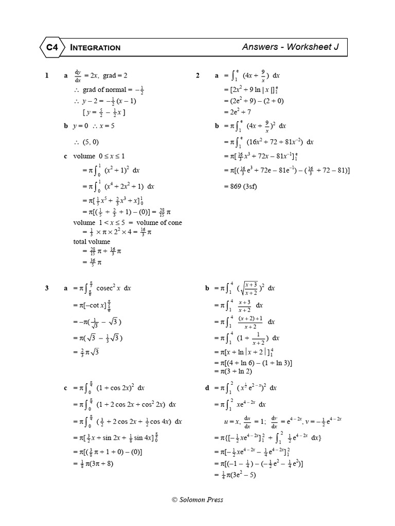Worksheet J - Volumes of Revolutions 2 Solutions | PDF
