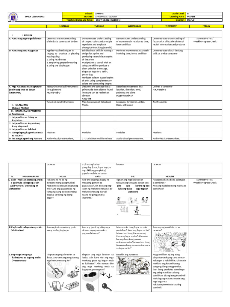 DLL - Mapeh 3 - Q3 - W1 | PDF