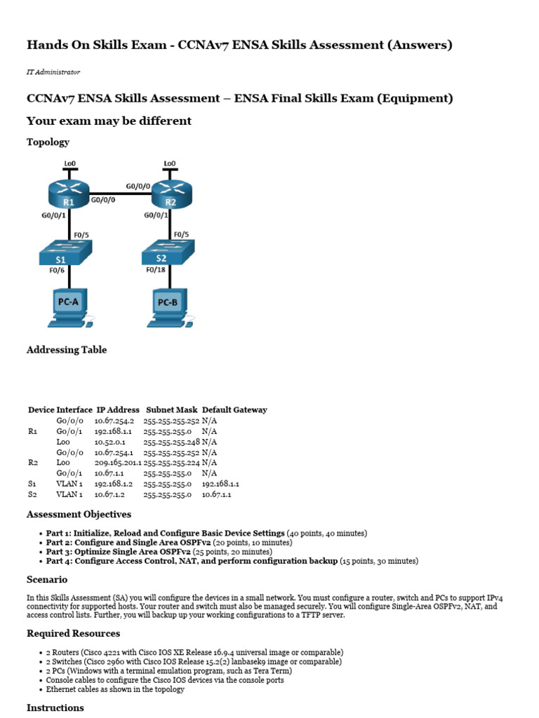 Hands On Skills Exam - CCNAv7 ENSA Skills Assessment (Answers) | PDF ...