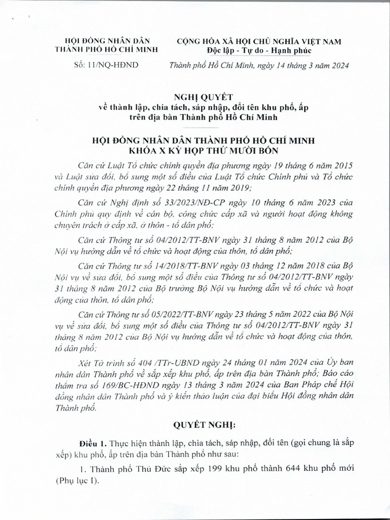 11 NQ về thành lập chia tách sáp nhập đổi tên khu phố ấp trên địa bàn TP | PDF