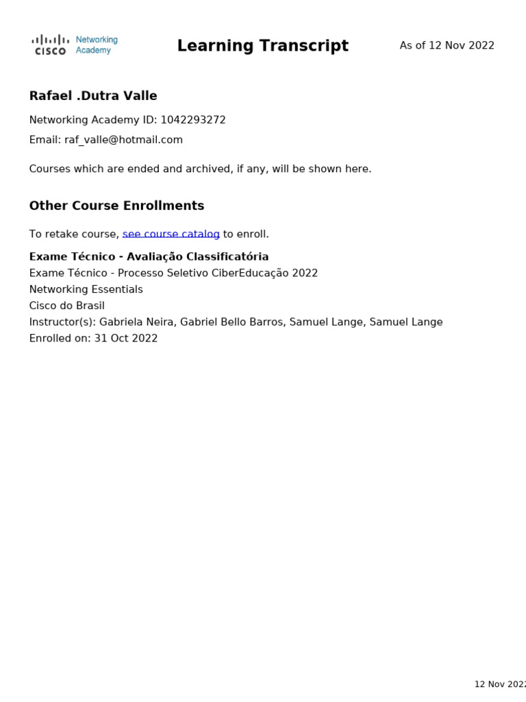 NetAcad Learning Transcript | PDF