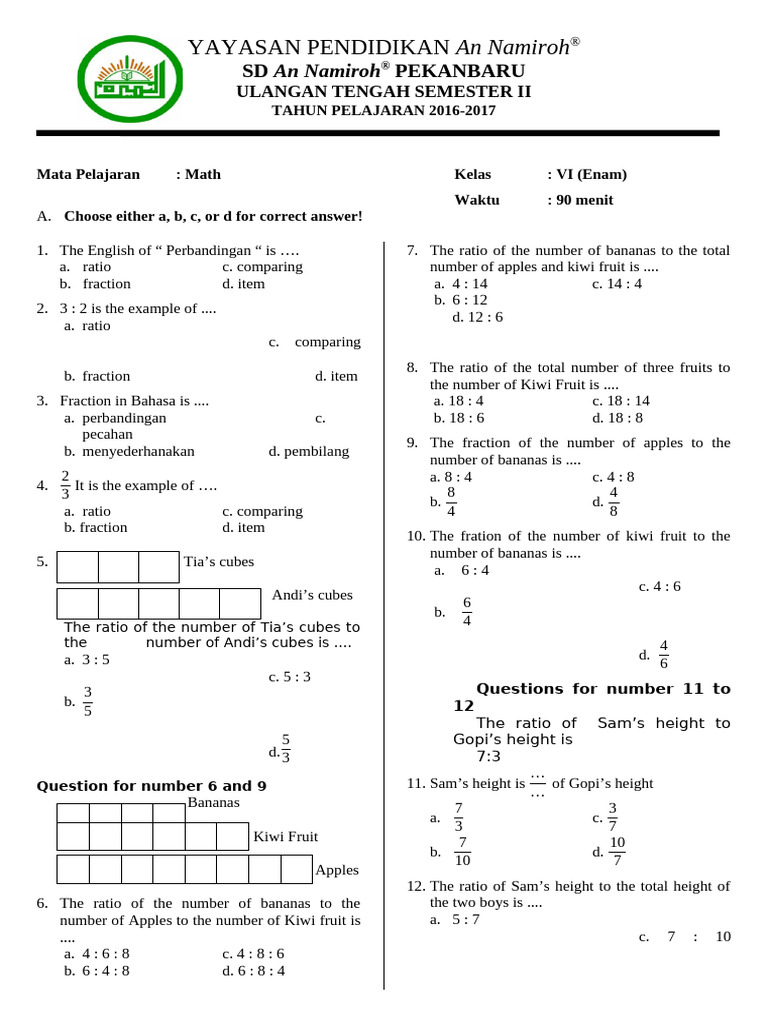 Soal Math 6 Smster 2 150317 Ok | PDF | Ratio | Division (Mathematics)