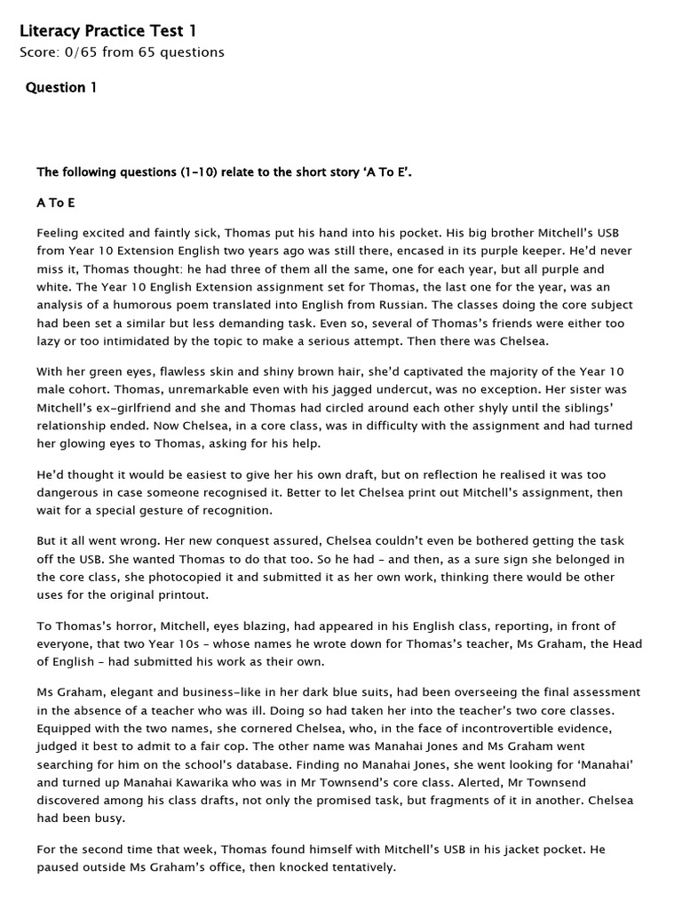 Literacy Practice Test 1 With Answers | PDF