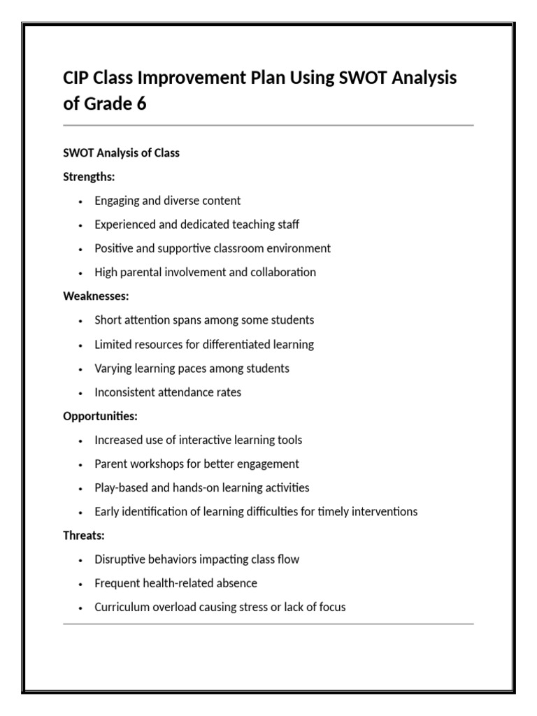 CIP Class Improvement Plan Using SWOT Analysis of Grade 6 | PDF ...