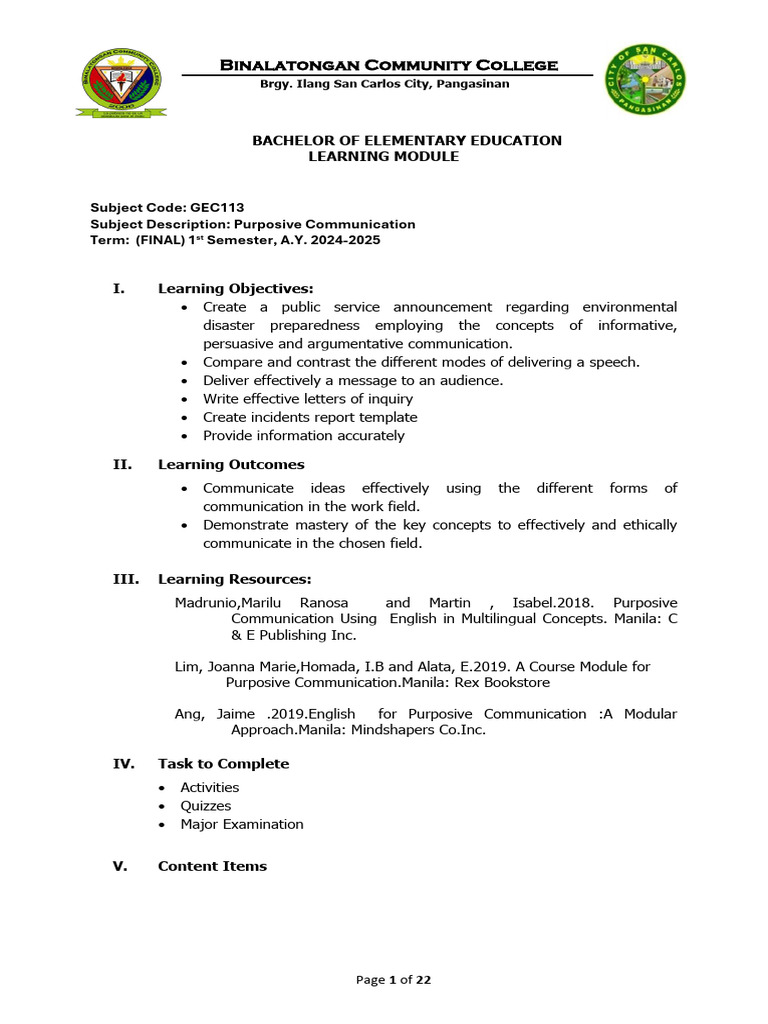 Modules REvised FINALS Purposive Communication 1 | PDF | Résumé | Public Speaking