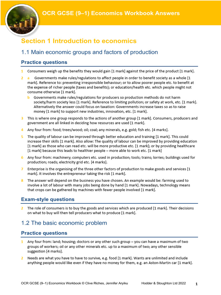 Ocr Gcse Econ Workbook Answers | PDF | Demand | Economies Of Scale